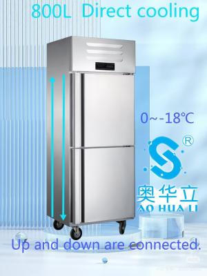 China 800L 2-Door Commercial Kitchen Freezer Direct Cooling -18°C Single Compressor Stainless Steel for sale