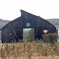 China 10m double framework mushroom greenhouse with black shade net and shelves outdoor for sale