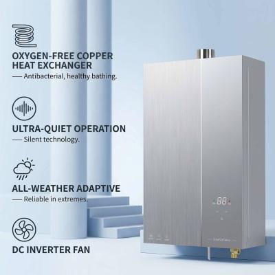 China Compact 12L Gas Water Heater Pure Copper Heat Exchanger Tempered Glass Panel Wall Mounted for sale