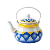 China Customized Logo Enamelled Kettle Teapot Coffee Pot With Red Blue Yellow Geometric Pattern for sale