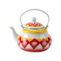 China Customized Logo Enamelled Kettle Teapot Coffee Pot With Red Blue Yellow Geometric Pattern for sale