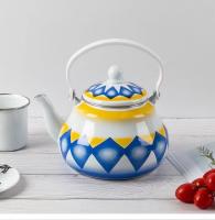 China Customized Logo Enamelled Kettle Teapot Coffee Pot With Red Blue Yellow Geometric Pattern for sale