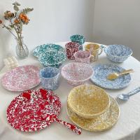 China Health Care Enamel Coating Double Coating Marble Dinnerware Set Mug Bowl Plate Camping Tableware Set for sale