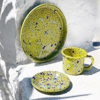 China Health Care Enamel Coating Double Coating Marble Dinnerware Set Mug Bowl Plate Camping Tableware Set for sale