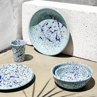 China Speckle Enamel Coating Soup Bowl Plate Round Plate Mug Cup Bowl Dish Set for sale