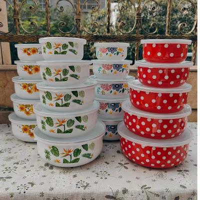 China Classical Style Enamel Storage Bowl Salad Bowl Set Sizes 10cm 12cm 14cm 16cm 18cm for sale