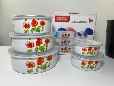 China Colorful Iron 5 PCS Hand Painted Enamel Storage Bowl Set With Lid Classical Style for sale