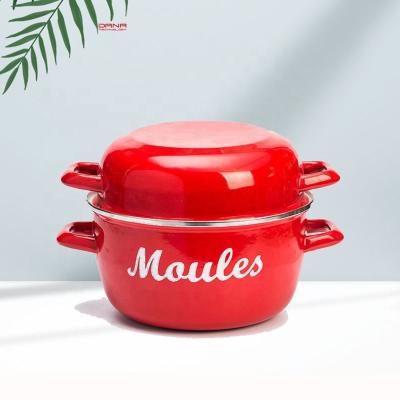 China Eco Friendly Enameled Steel Mussel Pan With Lid Enamel Mussel Pot 18 20 22 24cm for sale