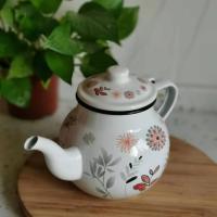 China 150g Flower Theme Enamel Carbon Steel Round Shape Coffee Pot Enamel Teapot Red Enamel Kettle for sale