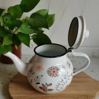 China 150g Flower Theme Enamel Carbon Steel Round Shape Coffee Pot Enamel Teapot Red Enamel Kettle for sale