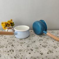 China Sports Enamel Cooking Pot Cookware Set 15cm Saucepan Milk Pot With Wood Handle for sale