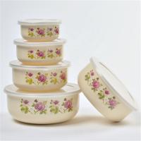 China Carbon Steel Enamel Container Set Food Enamel Ice Bowl Sets With Plastic Lid for sale