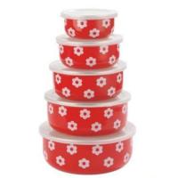 China Carbon Steel Enamel Container Set Food Enamel Ice Bowl Sets With Plastic Lid for sale