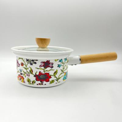 China Enamel Saucepan Cooking Pots With Wood Handle 20cm 12cm 14cm 16cm 18cm for sale