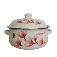 China Handmade Custom Enamel Casserole Pot White Enamel Coating Flower Decal Soup Stew Pot for sale