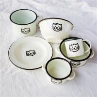 China Handmade Kids Enamel Dinnerware Set Plate Mug Rice Bowl Dish Set Lovely Cat Design for sale