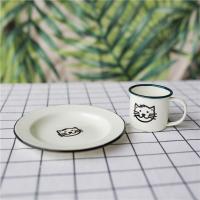 China Handmade Kids Enamel Dinnerware Set Plate Mug Rice Bowl Dish Set Lovely Cat Design for sale