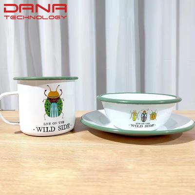 China Division Plate Eco Friendly Enamel Tableware Metal Sets Enamel Mugs Bowls Plates Sets With Cartoon Patterns for sale