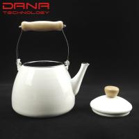 China Logo Printing Enamel Porcelain Tea Water Kettles Pear Shaped Wood Handle for sale