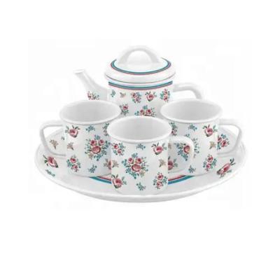 China Handmade Carbon Steel Tea Sets Teapot and Four Mugs Enamel Tea Coffee Sets for sale