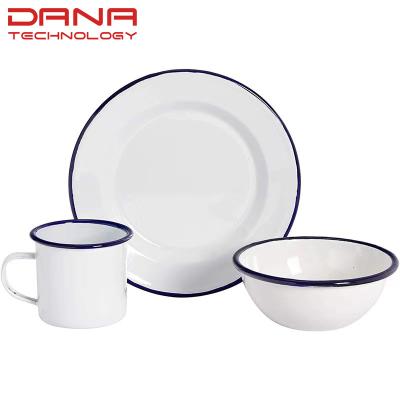 China Outdoor Traveling Classic Decal Enamel Tableware Carbon Steel Mugs Bowls Plate EU FDA for sale