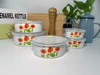 China Classical Style Custom Flower Decal Enamelware Ice Bowl Food Container With Plastic Lid for sale