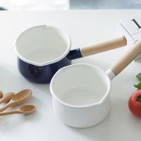 China Custom Color Enameled Cast Iron Saucepan 15cm Size With Wood Handle For Cooking for sale