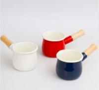 China Mini Pot Enamel Steel Milk Pan Baby Food Cooking Pot with Wooden Handle for sale