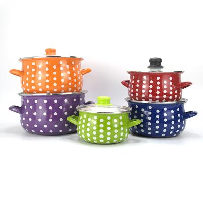China Health Care Enamel Casserole Set Kitchen Cook Enamel Pots And Pans Set With Glass Lid for sale