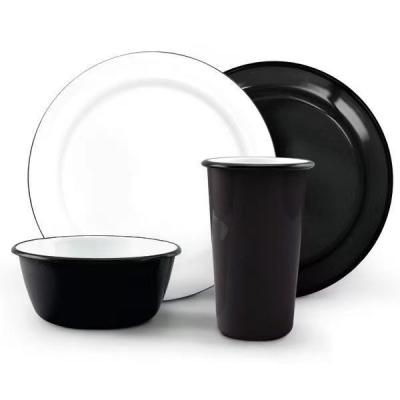China Enamel Camping Tableware Set 18cm 20cm 22cm 24cm 27cm Vintage Retro Plates And Bowls Set for sale
