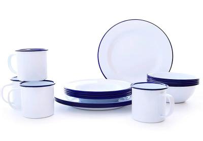 China Classical Style Carbon Steel Enamel Dinnerware Sets Bowl Mug Plate for Camping for sale