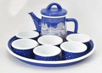 China Carbon Steel Enamel Hotel Gift Kettle Tray Set Accompanied with Mugs OEM Service for sale