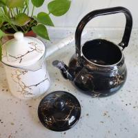 China Carbon Steel Arabic Teapot Set Enamel Colorful Tea Pot Kettle Mug Plate Set for sale
