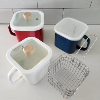 China Handmade 12cm 14cm 15cm Enamel Cookware Square Enamel Noodle Pot Instant Noodle Cooking Pot Hot Pot Glass Lid for sale