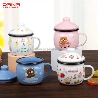 China Classical Style Colorful Lovely Cute Cartoon Kids Gift Water Milk Mug Enamel Metal Steel Mugs High Temperature Logo Printing for sale