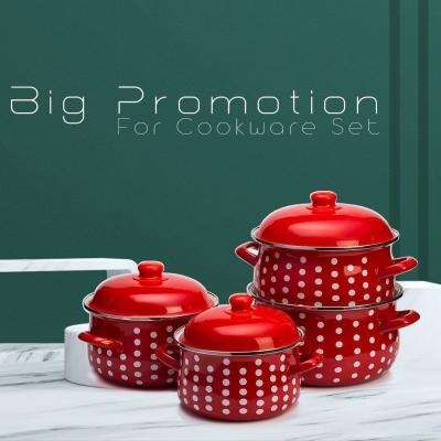 China Eco-Friendly Red Dots Enamel Belly Deep Casserole Pot with Enamel Lid for sale