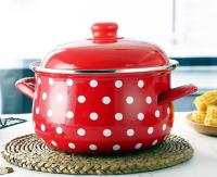 China Eco-Friendly Red Dots Enamel Belly Deep Casserole Pot with Enamel Lid for sale