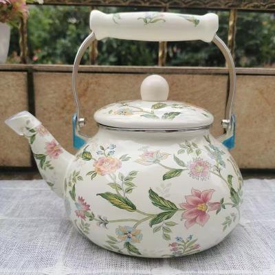 China Iron Kettle Thickness 0.8mm Multi Capacity Enamel Whistling Tea Kettle Teapot 07L 11L 15L 25L Decorative Flower Decal for sale