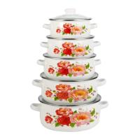 China Enamel Casserole Hot Pot Cookware Set 5 PCS Glass Lid Flower Pattern for sale