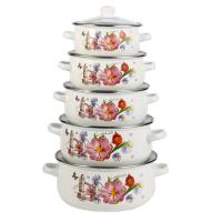China Enamel Casserole Hot Pot Cookware Set 5 PCS Glass Lid Flower Pattern for sale