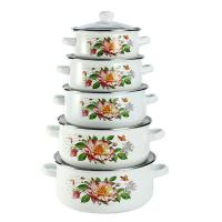 China Enamel Casserole Hot Pot Cookware Set 5 PCS Glass Lid Flower Pattern for sale