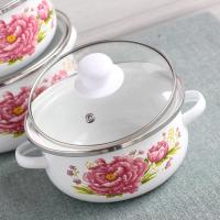 China Enamel Casserole Hot Pot Cookware Set 5 PCS Glass Lid Flower Pattern for sale