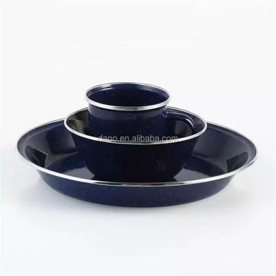 China Camping Enameled Cup Bowl Plate Set 3PCS With 304 Stainless Steel Rolled Edge Rim for sale