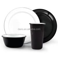 China Camping Enameled Cup Bowl Plate Set 3PCS With 304 Stainless Steel Rolled Edge Rim for sale