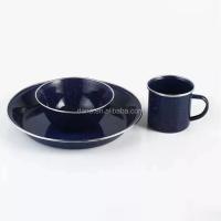 China Camping Enameled Cup Bowl Plate Set 3PCS With 304 Stainless Steel Rolled Edge Rim for sale