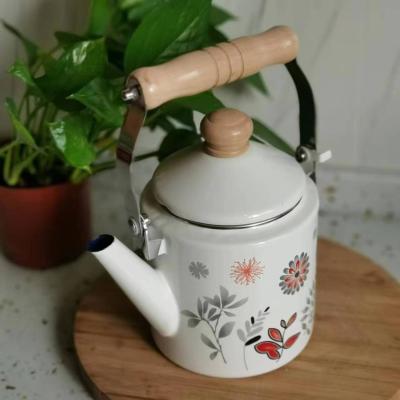 China Flower Theme Enamel Tea Kettle On Steel With Wood Handle And 201 Stainless Steel Rim for sale