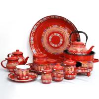 China Enamel Dinnerware Set with Plate Mug Sugar Pot High Temperature Logo Printing for sale
