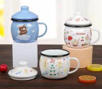 China Custom Thickened Enamel Mugs Steel Cartoon Pattern Kids Water Milk Mugs With Lid for sale