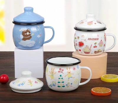 China Custom Thickened Enamel Mugs Steel Cartoon Pattern Kids Water Milk Mugs With Lid for sale