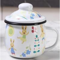 China Custom Thickened Enamel Mugs Steel Cartoon Pattern Kids Water Milk Mugs With Lid for sale